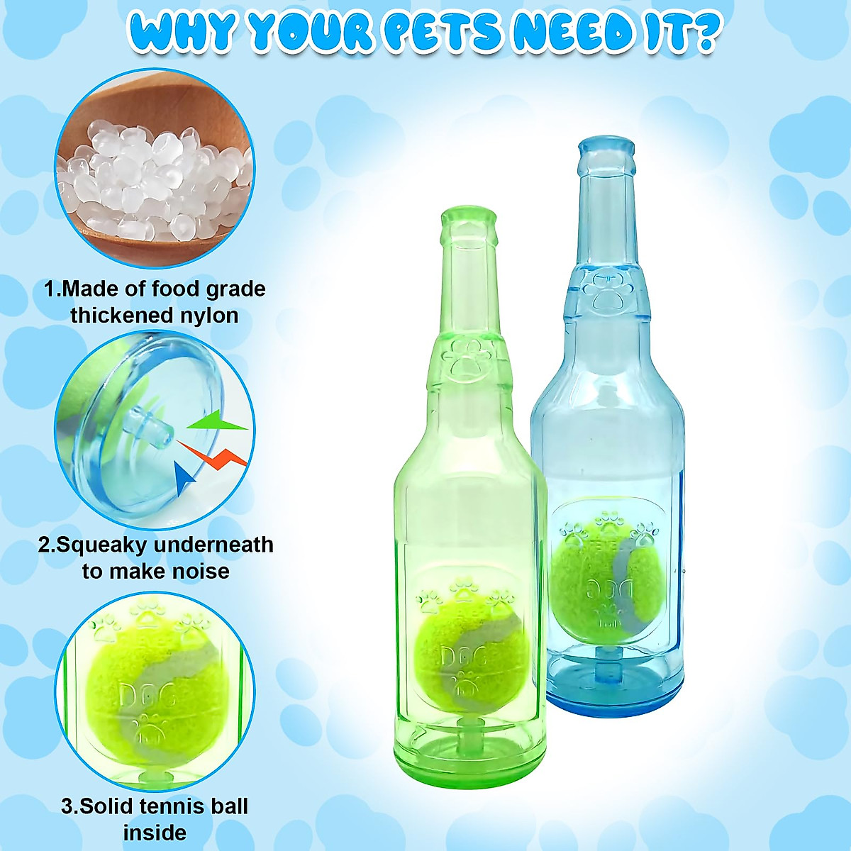 Aerbee 2Pcs Crunchnplay Bottle Toy for Dogs, Interesting Squeaky Dog Toys, 7.7" Rubber Water Bottle Toys with Tennis Ball, Outdoor Interactive Dog Toys Dogs Dental (Blue & Green)