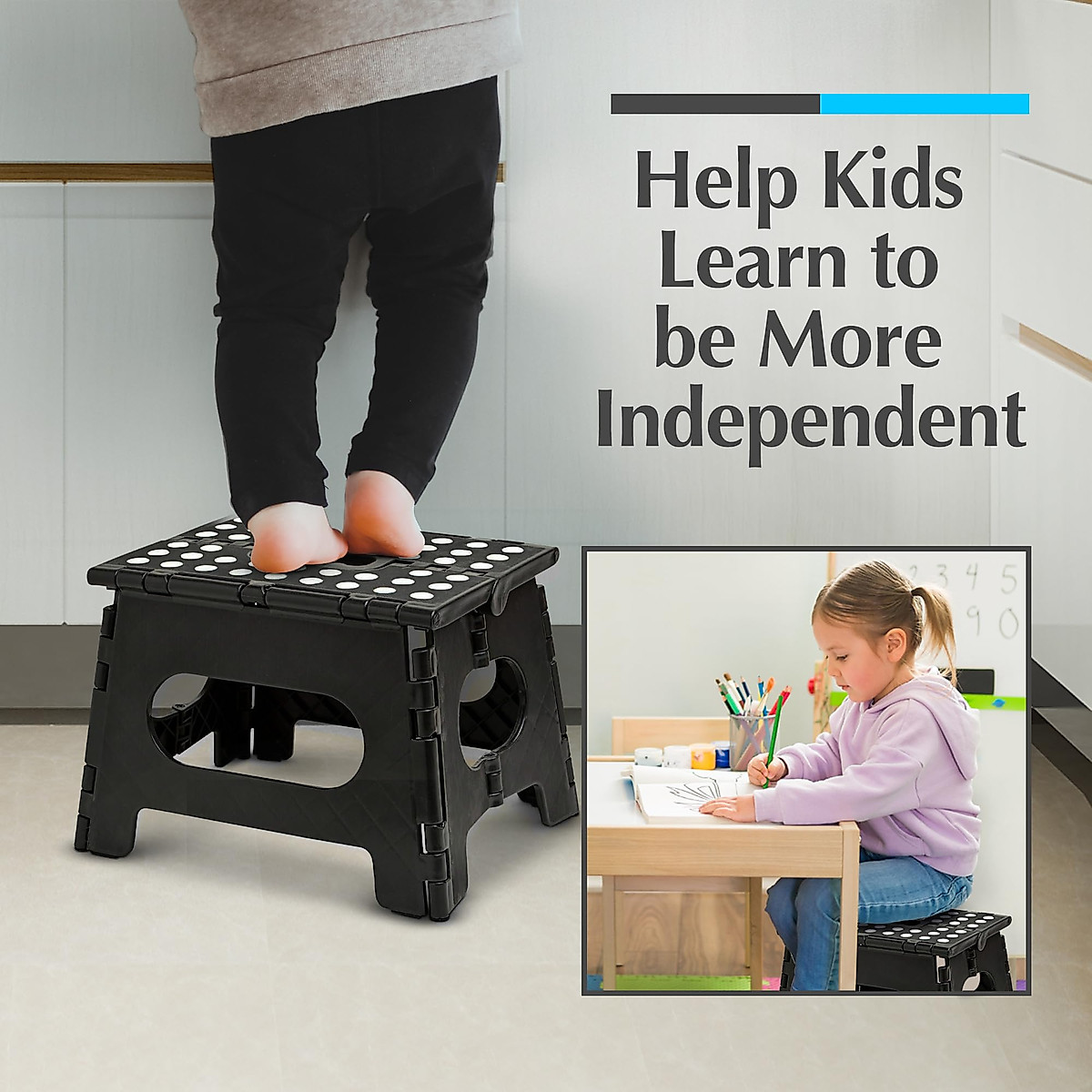 Folding Step Stool - The Lightweight Step Stool is Sturdy Enough to Support Adults and Safe Enough for Kids. Opens Easy with One Flip. Great for Kitchen, Bathroom, Bedroom, Kids or Adults.