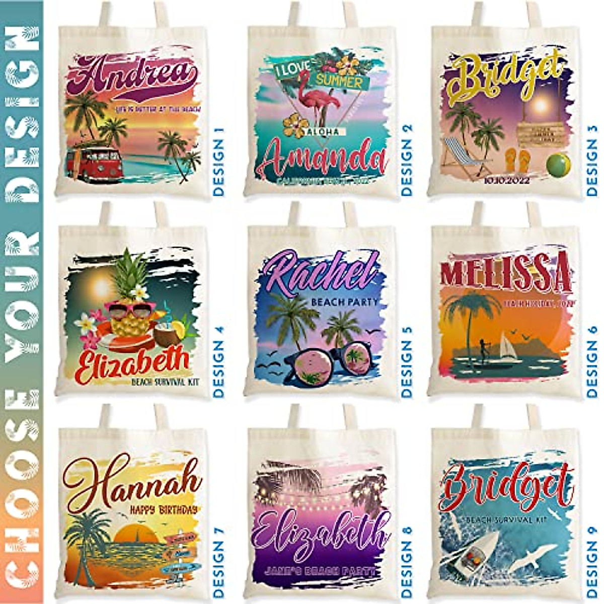 Personalized Beach Canvas Tote Bags Gifts for Girls - 8 Design & 2 Text Line - 15"x16" Custom Shoulder Aloha Summer Bag Gift for Women - Customizable Grocery Bag Custom Large Totes Bag for Holiday C2