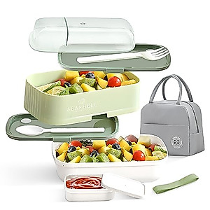Double-Layer Bento Lunch Box For Adults with Bag | (40oz) Capacity Japanese Lunch Box | Spoon and Fork Set | Sauce Container with Lid | Leak-Proof | Microwave/Dishwasher Safe | Green