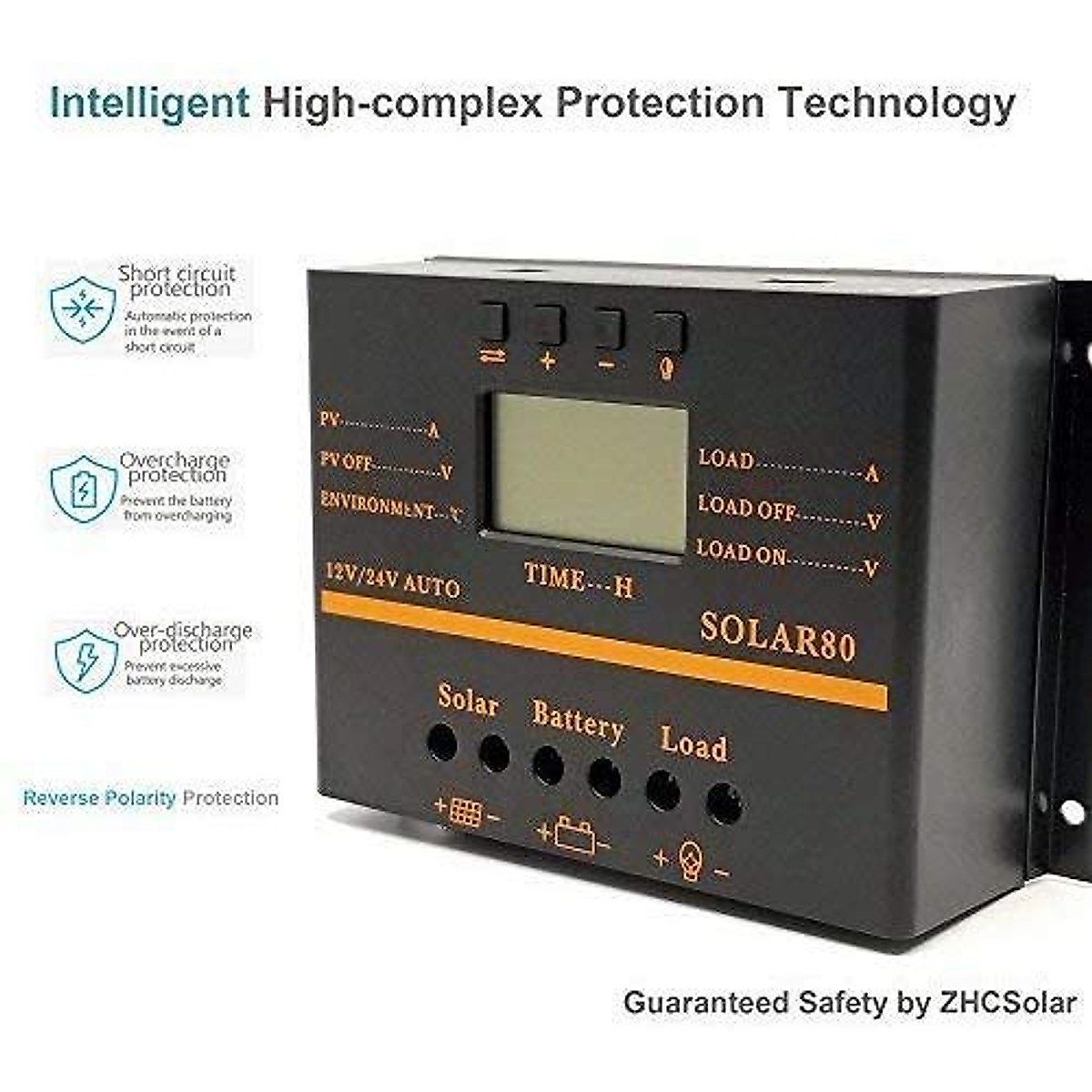 Y&H 80A Solar Charge Controller 12V 24V LCD Display USB Output Solar Panel Controller Multip Circuit Protection Solar Charger Discharge Regulator for Lighting System,with Dark Activated Function