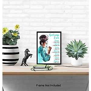 Bible Verse Wall Art & Decor - African American Women - God Says You Are - Inspirational Motivational Poster - Religious Christian Scripture Encouragement Gifts - Black Girls Bedroom - Blue - 8x10
