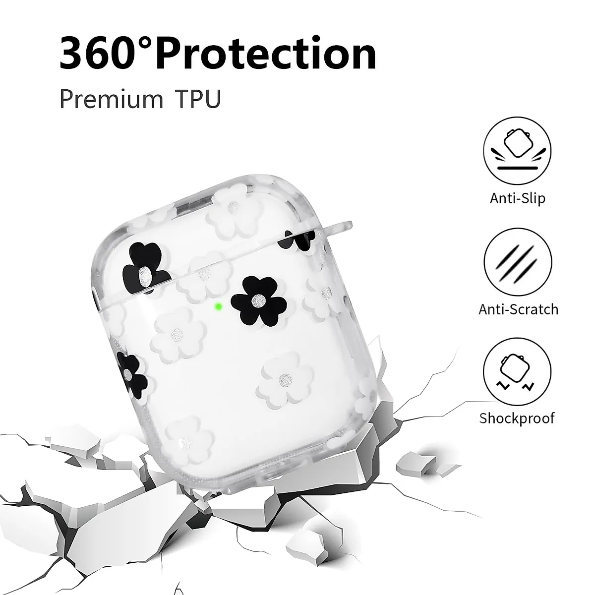 AIIEKZ Compatible with AirPods Case Cover, Soft TPU Case with Cute Flower Pattern for AirPods 2&1 Generation Case with Pendant Keychain and Carabiner for Girls Women (Black)