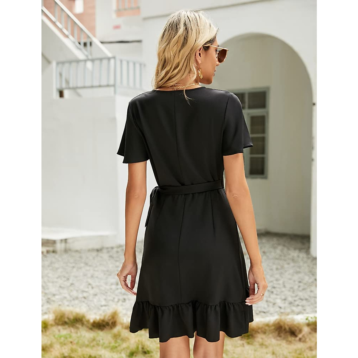 Naggoo Womens Wrap Dress V Neck Trendy Polka Dot Ruffle Short Sleeve Evening Mini Dress (Large, Solid Black)