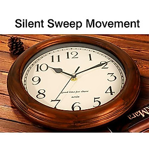 Wooden Wall Clock with Retro Design, 11 Inches Round Wall Clock Battery Operated Silent Non-Ticking, Big Arabic Numerals, for Kitchen Living Room Classroom Gym and Pool, Brown