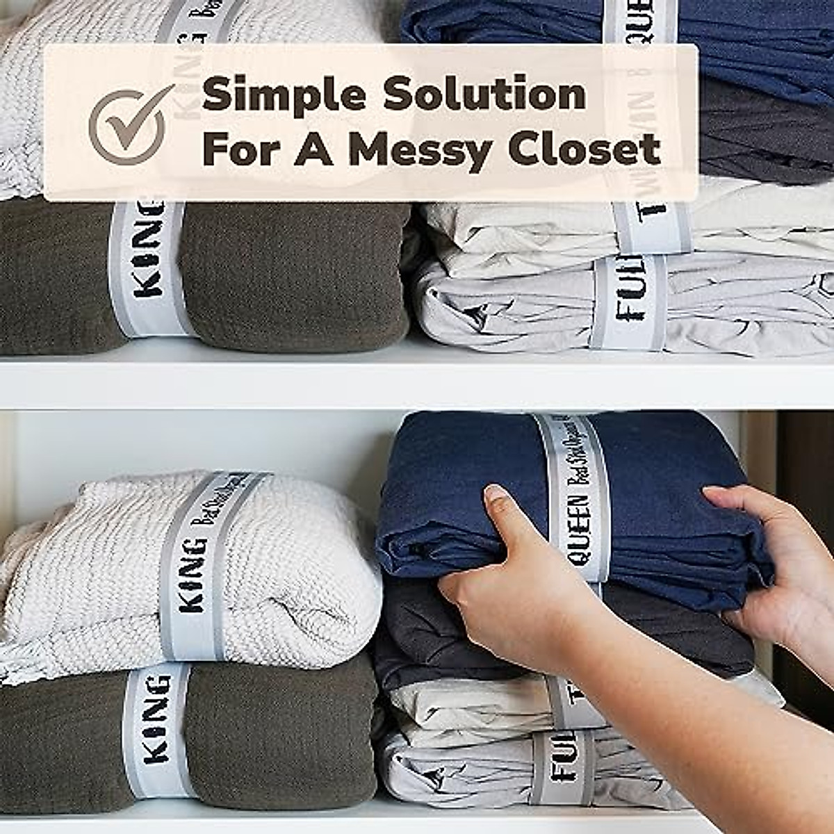 ECOHomes Bed Sheet Organizer and Storage Label Bands | Sheets Set Organizers for Linen Closet - Elastic Bedding Sheet Keepers Straps for Foldable Bedsheet, Pillow Case, Duvet (King 4PCs Pack | Cream)