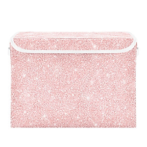 Ollabaky Pink Glitter Larger Foldable Storage Bin Fabric Decorative Storage Box Cube Organizer Container Baskets with Lid Handles for Closet Organization, Shelves