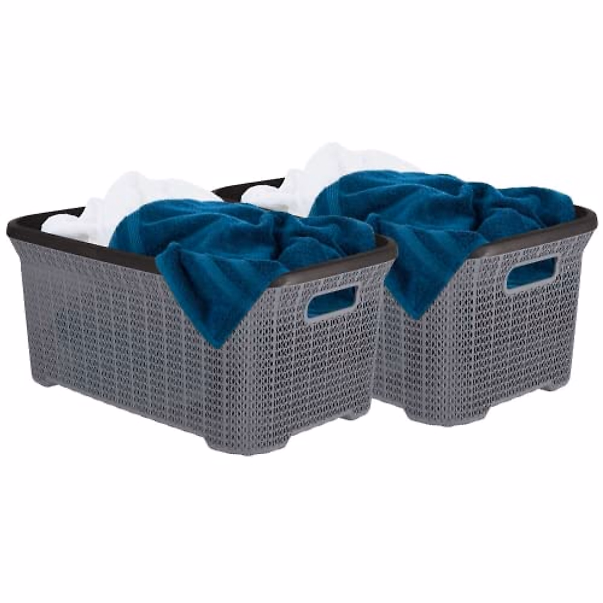 Plastic Laundry Basket Designed Small Storage Hamper Basket, 2 Pack Grey Cloths Basket Organizer with Cut-out Handles. Space Saving for Laundry Room Bedroom Bathroom, Knit Design 40 Liter.