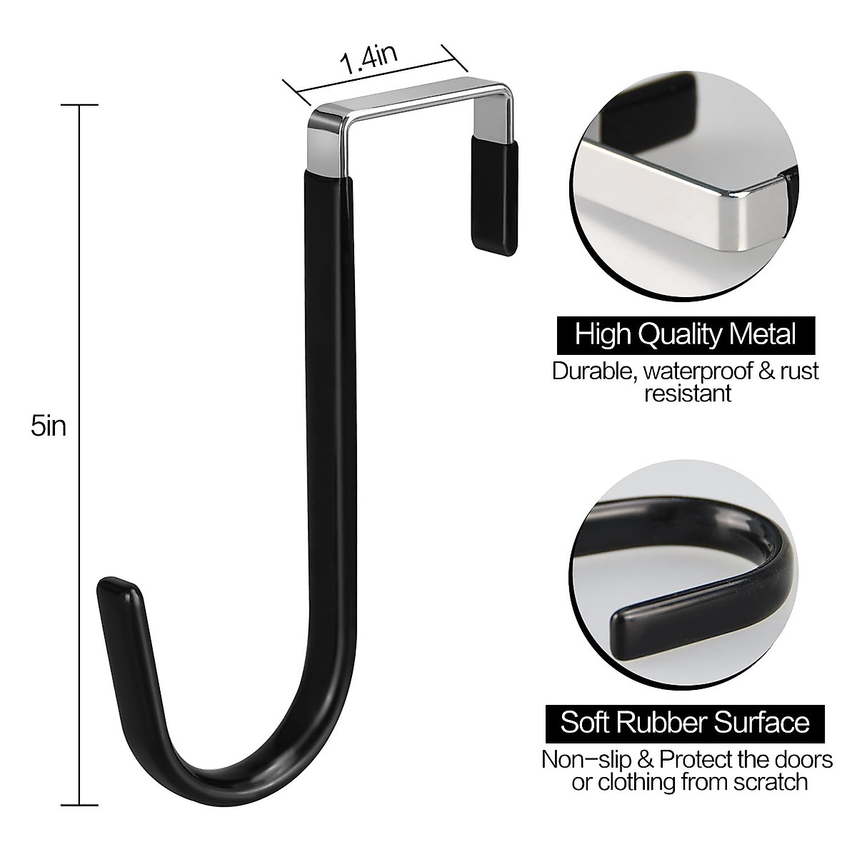 4 Pack Over The Door Hook, Door Hooks, Black Rubber Surface Prevent Scratche Door Hanger Hooks for Bathroom, Living Room, Kitchen, Hanging Clothes, Towels, Bags(4 Pack Black)