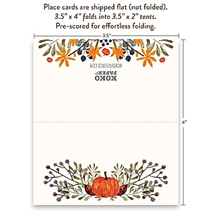 Koko Paper Co Thanksgiving Table Place Cards with Pumpkin and Fall Leaves | 50 Tent Style Dinner Setting Name Cards | Designed and Made in the U.S.A.