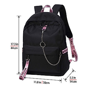 El-fmly Fashion Backpack with USB Charging Port for Travel Lightweight School Bookbags with Cute Letters Strap for Teenage Girls & Children (Black+Pink)