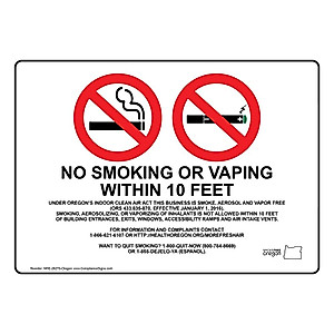 ComplianceSigns.com Oregon No Smoking Within 10 Ft Oregon Air Act Label Decal, 5x3.5 in. 4-Pack Vinyl for State No Smoking