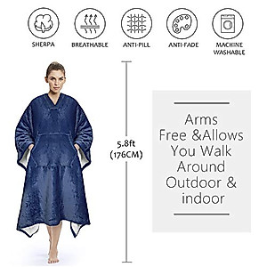 Tirrinia Sherpa Wearable Blanket Super Soft Comfy Plush Fleece Poncho for Adult Women Men Kids Throw Wrap Cover Sweatshirt Indoors or Outdoors, 55''x 80'' Navy