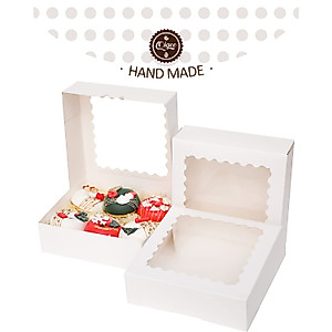 qiqee Auto-pop up 50 Packs Bakery Box With Window 8x8x2.5 inch White Pie Boxes Pastry Box