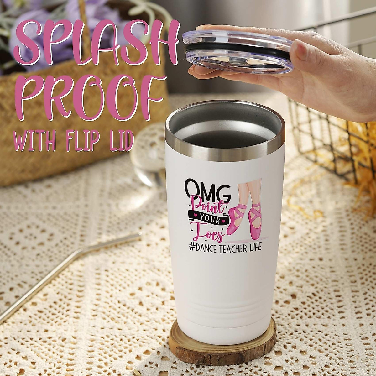 Onebttl Dance Teacher Appreciation Gift - OMG Point Your Toes - 20oz/590ml Stainless Steel Insulated Tumbler for Women, Her (White)