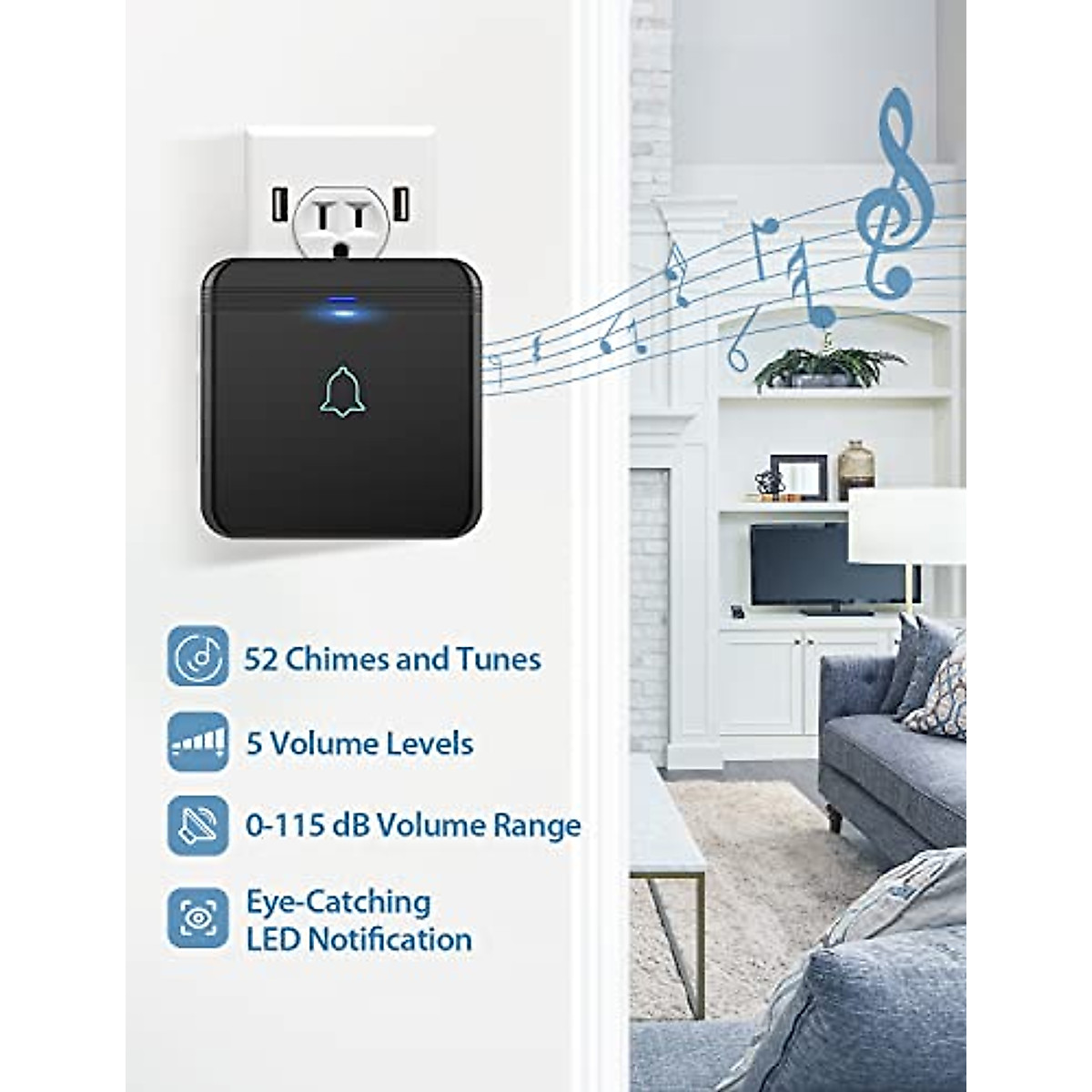 Wireless Doorbell, AVANTEK D-3B Waterproof Door Chime Kit Operating at over 1300 Feet with 2 Plug-In Receivers, 52 Melodies, CD Quality Sound and LED Flash