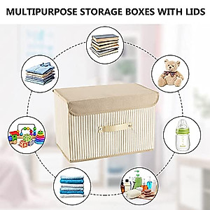 mee'life Storage Bins with Lids 2 Pack, Closet Organizers and Storage Containers Collapsible Storage Cubes Large Toy Storage Boxes Linen Fabric Storage Baskets for Clothes Toys Blanket - Beige Stripes
