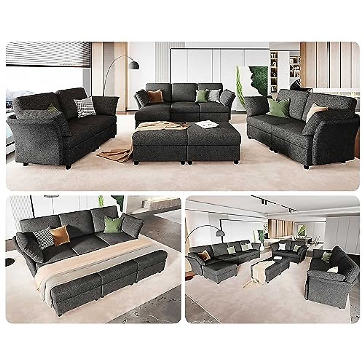 VanAcc Sectional Couch, Modular Sectional Sofa, 6 Seats Sofa- U Shaped sectional with Ottomans, Reversible Sofa Couch for Living Room, Grey Chenille