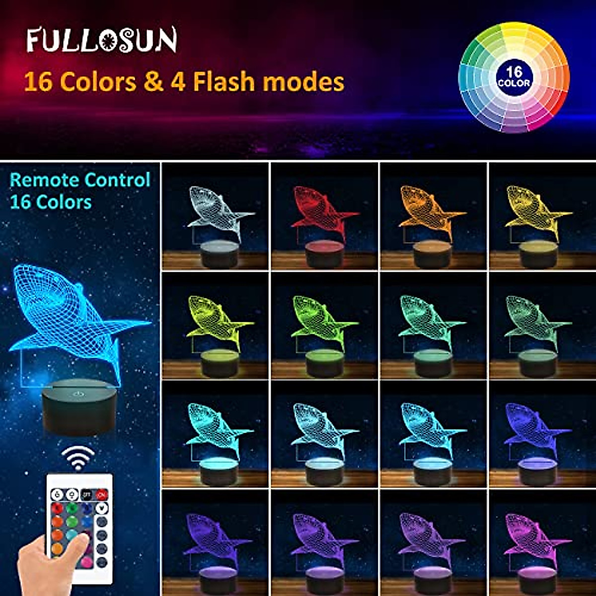 FULLOSUN 3D Illusion Lamp, Shark Night Light with Remote Control Optical Touch 16 Color Changing Desk Lamps Kids Room Decor Festival Birthday Present Gifts for Toddlers Boys Child