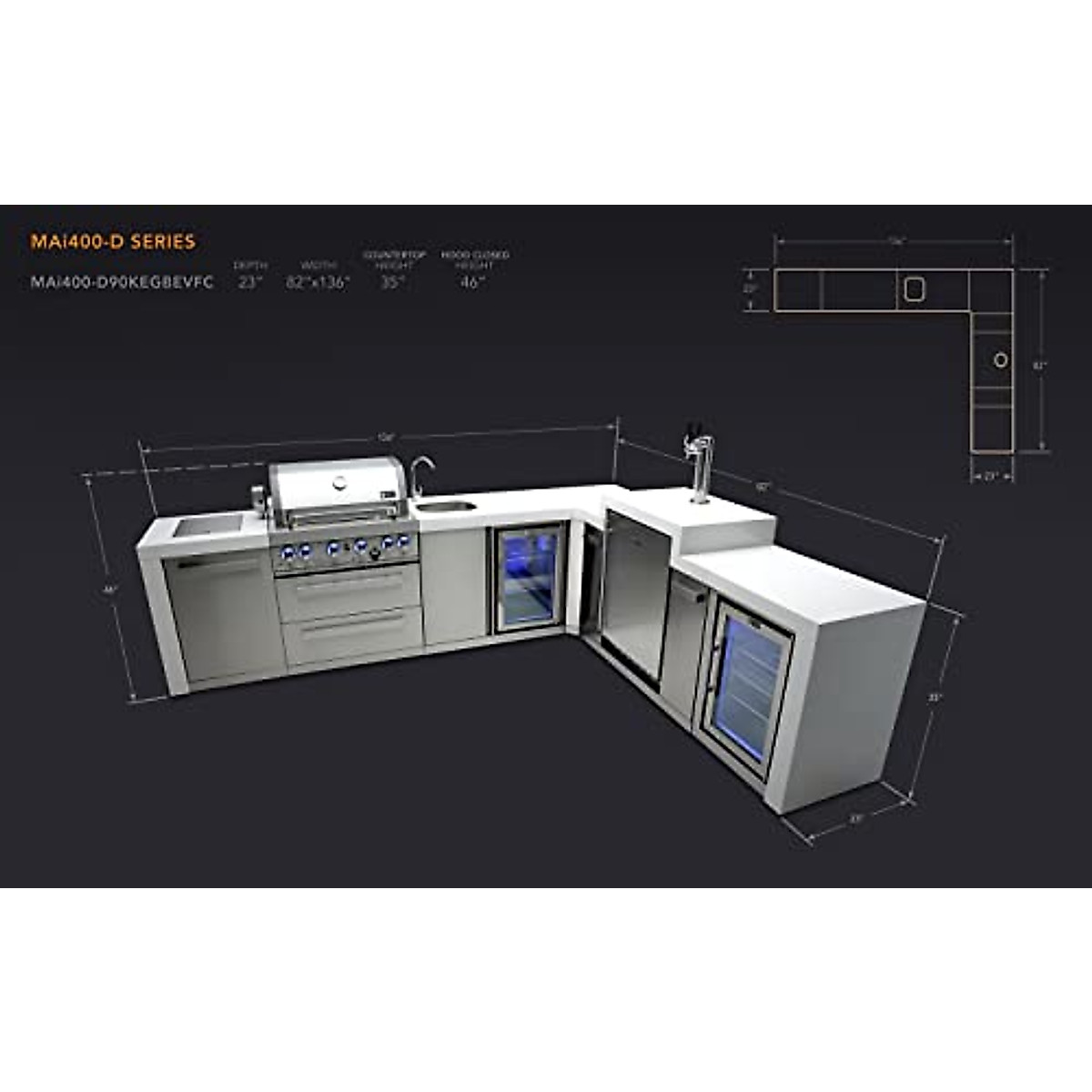 Mont Alpi MAi400-D90KEGBEVFC 32-Inch 4-Burner 78000 BTU 90 Degree Corner Stainless Steel Gas Outdoor Kitchen Bar Barbecue Island Grill w/ 3 Beer Tap Kegerator Keg Dispenser + Wine Cooler Refrigerator