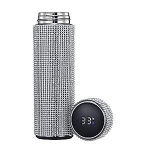 EKUEE 500ml Creative Diamond Thermos Bottle Water Bottle Stainless Steel Smart Temperature Display Vacuum Flask Mug Gift for Men Women (Silver A 500ML)