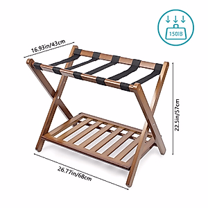 Smart FENDEE Fully Assembled Walnut Luggage Rack with Storage Shelf, Folding Suitcase Stand with 5 Heavy-Duty Straps, Large Wooden Luggage Holders for Guest Room Must Haves, Ideal for Bedroom, Hotel