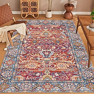 8x10 Area Rugs Washable Living Room Rug Colorful Boho Area Rug Non Slip Floral Vintage Low Pile Throw Rugs Large Oriental Area Rugs for Living Room Bedroom Farmhouse Dining Room Nursery Room Playroom