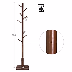 VASAGLE Solid Wood Coat Rack, Free Standing Hall Coat Tree with 8 Hooks, 3 Height Options, for Coats, Hats, Bags, Purses, for Entryway, Hallway, Rubberwood Hooks and Pole, Dark Walnut URCR010W01