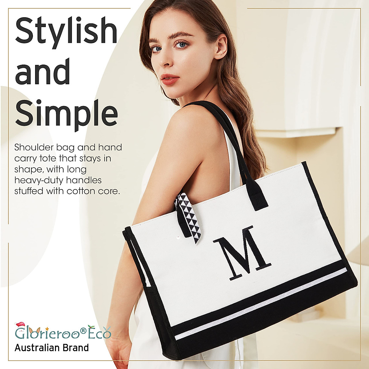 GLORIEROO Canvas Tote Bag for Women Beach Bag - Personalized Embroidery Initial Canvas Bag w Pocket Suitable for Bridesmaid Bridal Wedding Birthday Personalized Gifts for Teacher Friends Mom