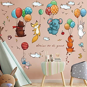 RAINBOW WSK Animals Balloons Wall Decals Elephant Rabbit Fox Bear Clouds Wall Stickers Woodland Jungle Animals Wall Decals Peel and Stick Vinyl Wall Mural Kids Bedroom Nursery Classroom Wall Decor