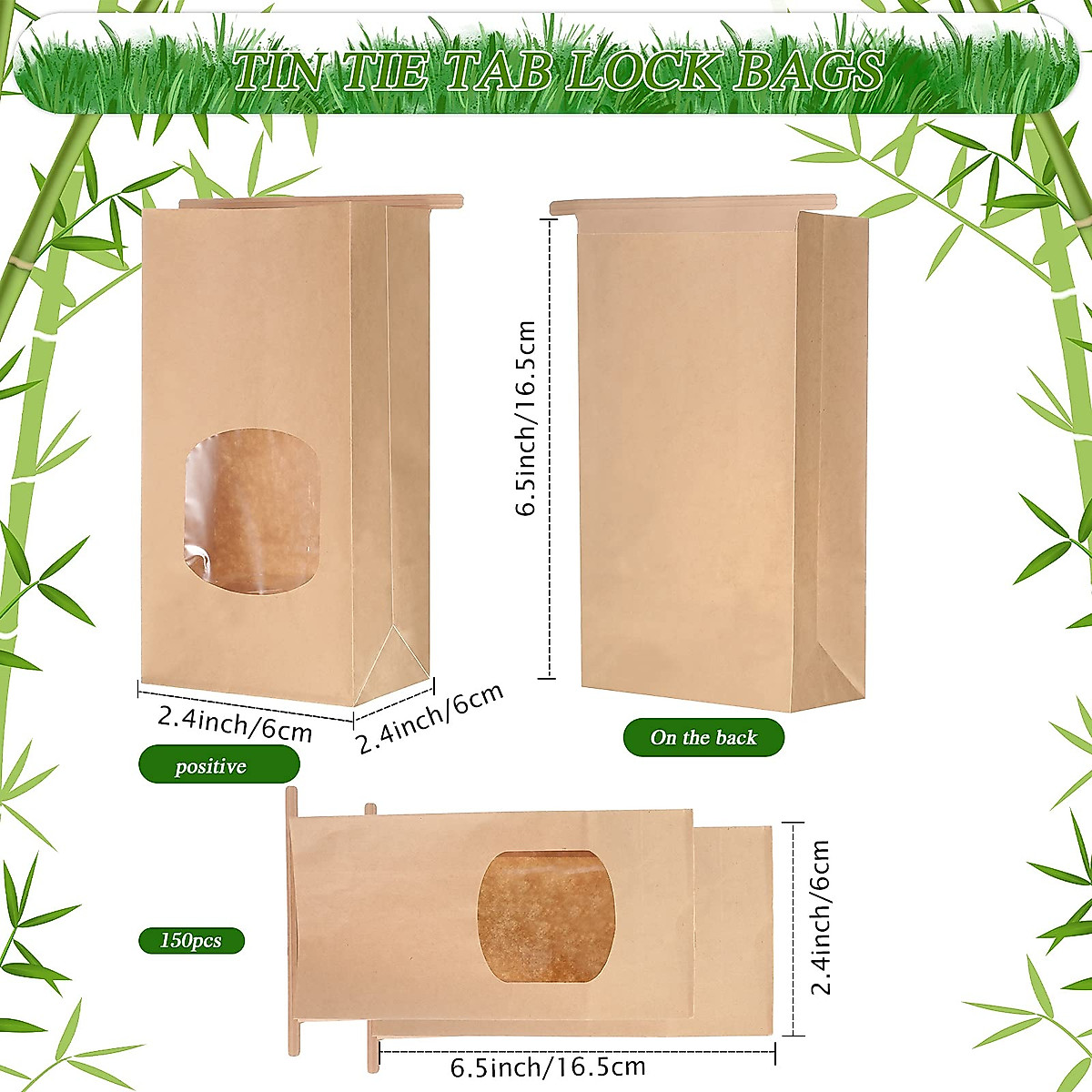 Glenmal 150 Pieces Bakery Bags with Window Kraft Packaging Treat Bag Tin Tie Tab Lock Cookie Bread Paper Coffee Bean Storage for Food Crafts Container (3.54 x 2.36 6.7 Inch), brown