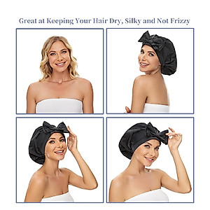 Aibilye Womens Black Shower Cap for Long Hair Extra Large Washable Reusable Waterproof Bathing Hair Cap Adjustable Elastic Band for All Hair Lengths