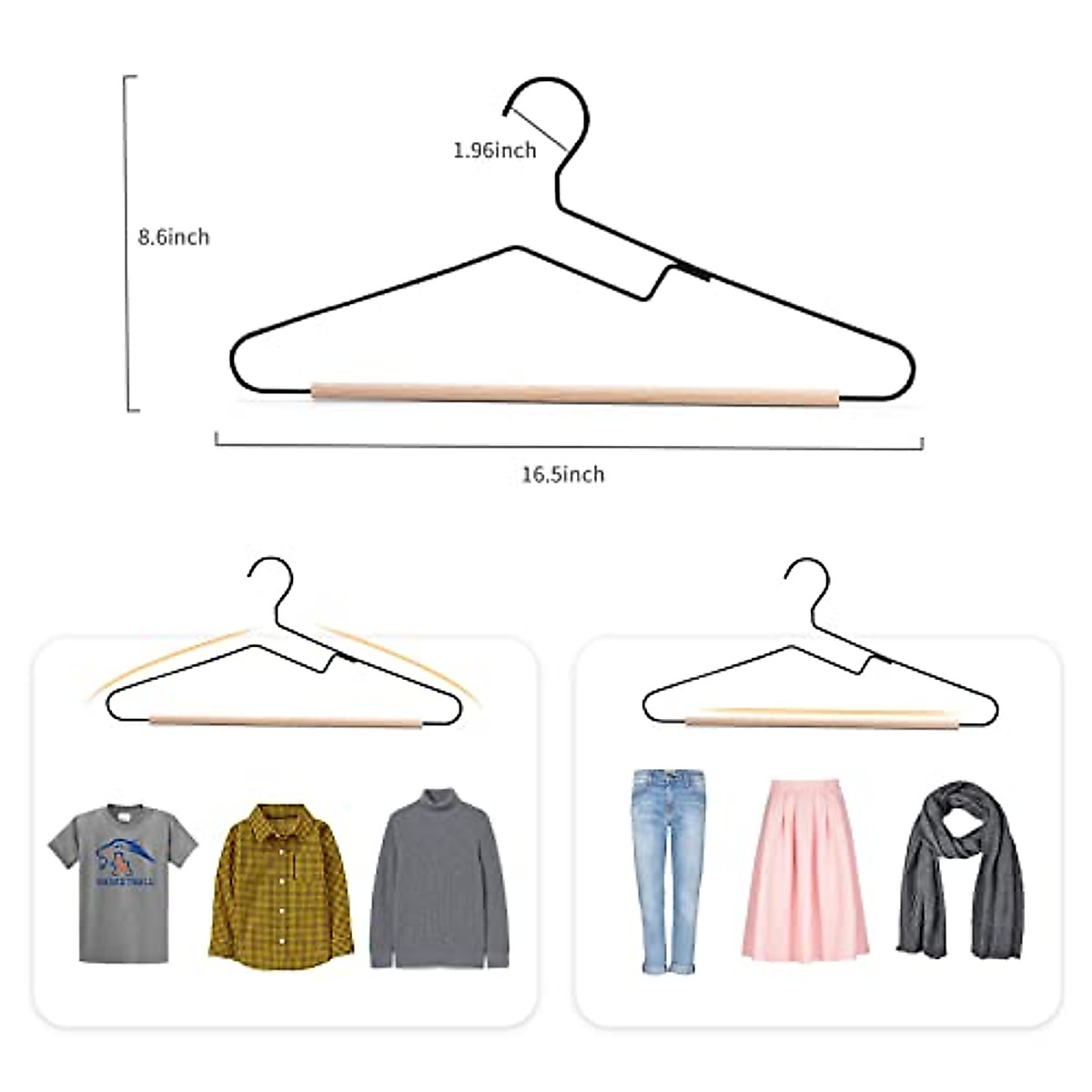 Nature Smile Premium Black Matt Metal Suit Clothes Hanger 20 Pack with a Smooth Beech Wood Pants Bar,Unique Coat Hanger Dress Hanger Shirt Hanger