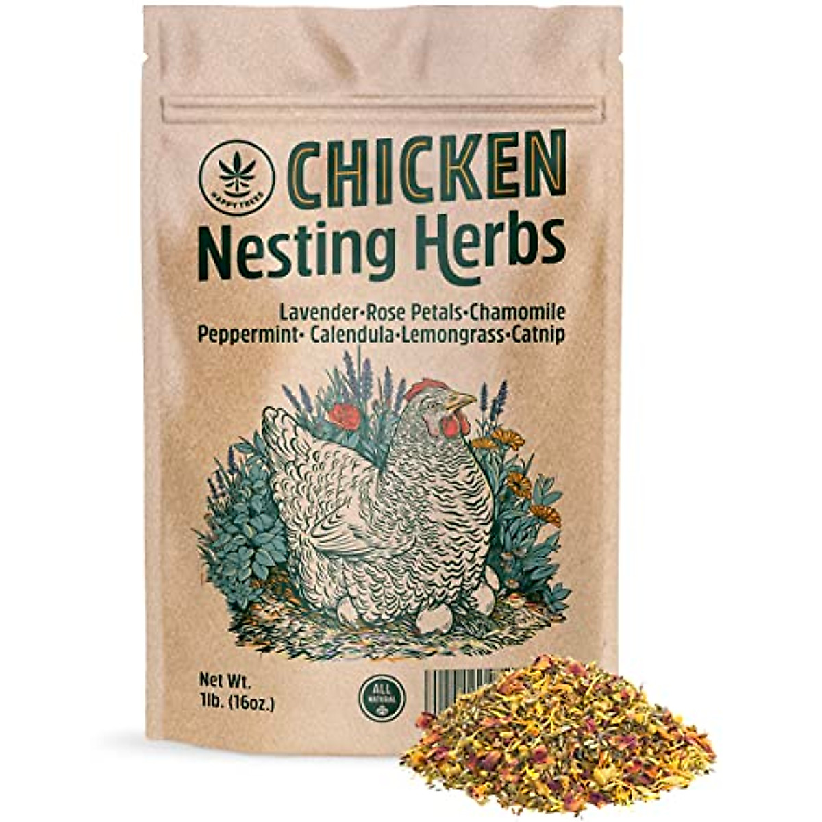 Happy Trees Chicken Nesting Herbs - 100% Natural Blend of 7 Premium Dried Herbs for Fresh Nest Box, Coop and Run - Bulk 1lb. Bag