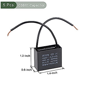 YOKIVE 5Pcs Ceiling Fan Capacitor CBB61, Metallized Polypropylene Film Capacitor Great for Fans Pumps Motors Running (1.8uF 450V AC 2 Wires 50/60Hz)