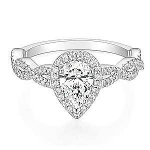 TIGRADE 1.5CT Engagement Ring for Women Teardrop Cubic Zirconia Wedding Band Halo Twisted Pear CZ Promise Anniversary Ring Size 3-12, Silver, Size 7