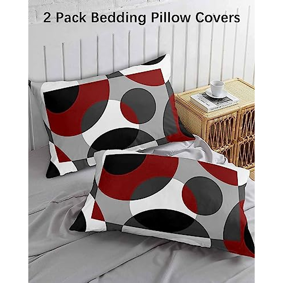 Edwiinsa Red Black Grey Pillow Covers King Standard Set of 2 Bed Pillow, Modern Geometric Abstract Art Aesthetics Plush Soft Comfort for Hair/Skin Cooling Pillowcases with Envelop Closure 20''x36''