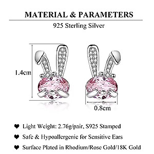 SLUYNZ 925 Sterling Silver Rabbit Earrings Studs for Women CZ Bunny Studs Earrings Easter Earrings Pink Crystal Earrings