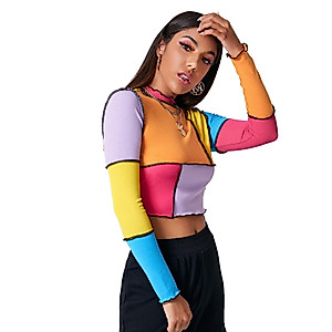 SweatyRocks Women's Color Block Ribbed Knit Slim Fitted Long Sleeve Crop Tee Shirt Top Tie Dye Orange Purple S