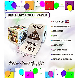 Printed TP Holy Poop You're 16 Printed Toilet Paper Gag Gift – Funny Toilet Paper For Prank, Surprise, Bathroom Decor, Novelty Gift For Men, Women, Friends, Family, 16th Birthday Party - 500 Sheets