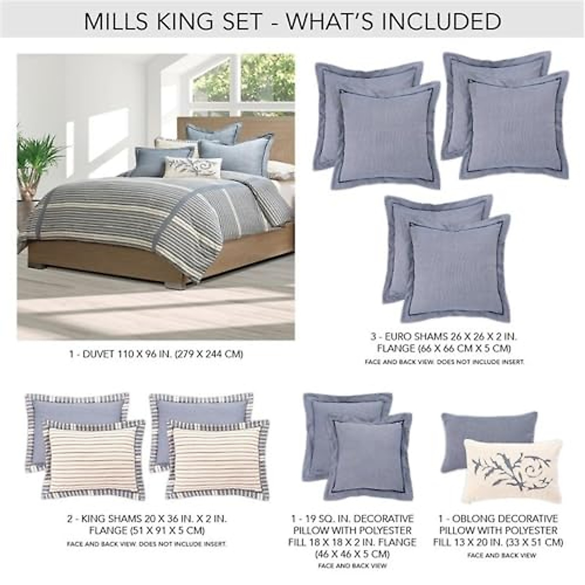 Michael Amini Mills 8-Piece Oversized Cotton King Duvet Set in Denim Blue