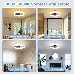 Ceiling Fans With Lights 15.7in, Low Profile Ceiling Fan Flush Mount With Remote, Dimmable LED 3 Color 6 Speeds Timing, Reversible Bladeless Modern Ceiling Fans Fandelier For Bedroom Living Room,White