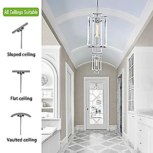 BUNKOS 1-Light Lantern Pendant Light in Chrome Finish, Geometric Hanging Light Fixture, 8" Farmhouse Chandelier for Kitchen Island Foyer Hallway, Adjustable Height, T10 Bulb Included