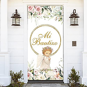 Mi Bautizo Door Banner Decor SuppliesFirst Holy Communion Christening Banner Baptism Photo Backdrops Baby Shower Door Banner Cake Table Banner 72.8 x35.4in Outdoor & Indoor Hanging Banner