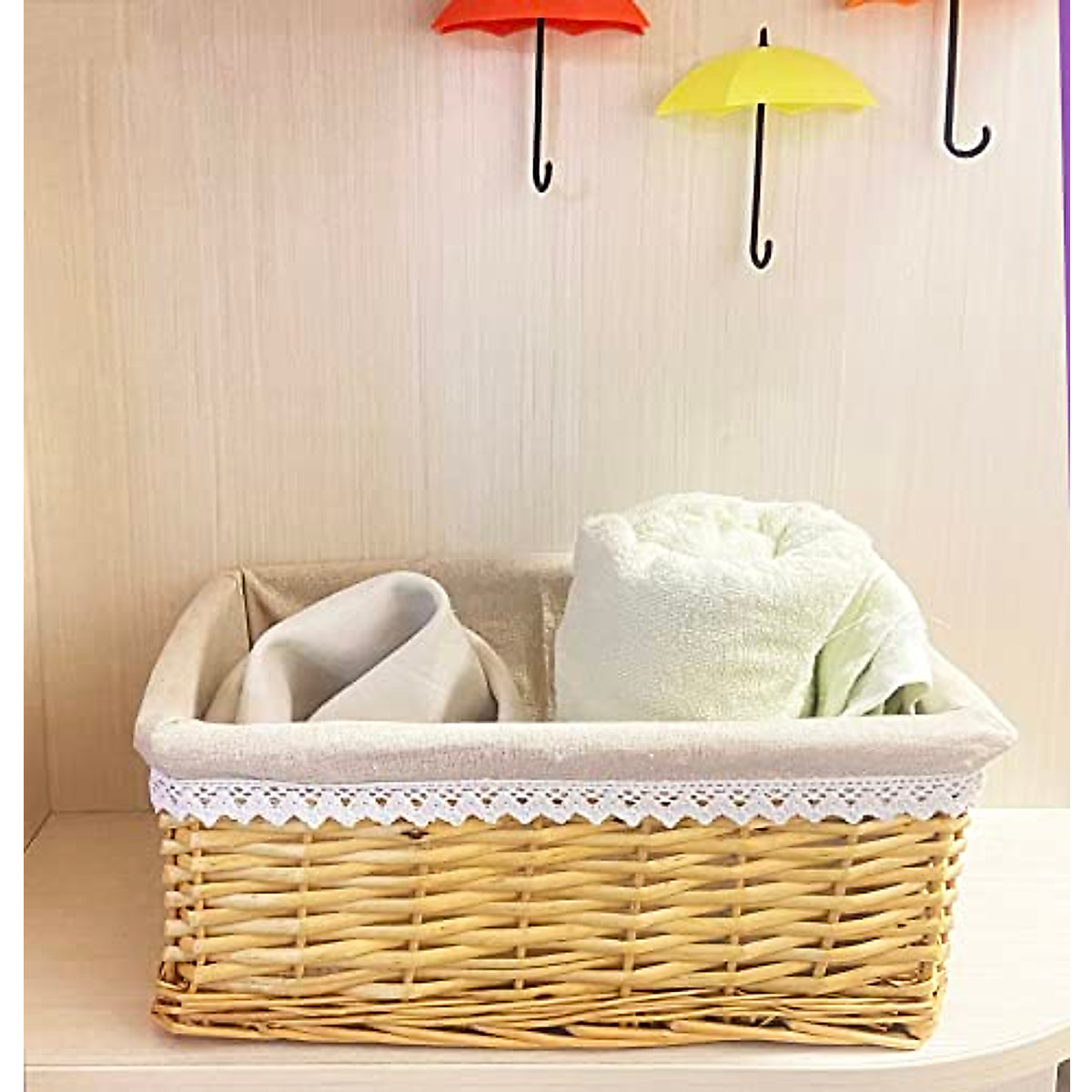 Handmade Wicker Storage Baskets Set, Shelf Baskets Woven Decorative Storage Bins Baskets Organizing Baskets, Nesting Baskets with Linings for Home (Natural)