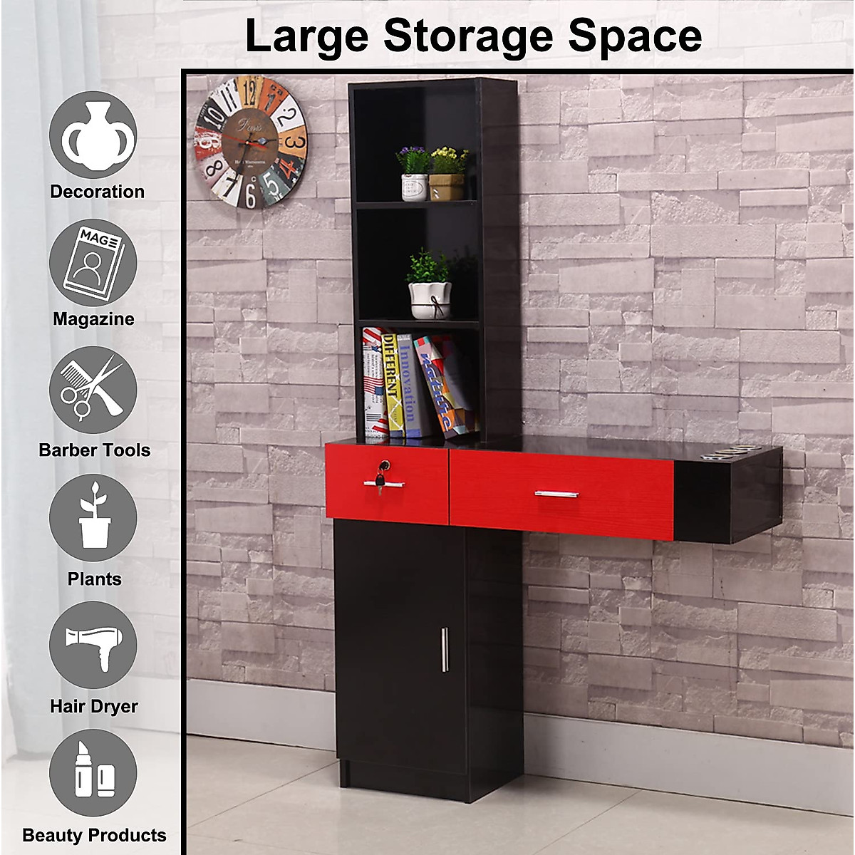 MTFY Beauty Salon Spa Equipment Set,Wall Mount Hair Styling Barber Station Barber Salon Station Makeup Equipment Set with 1 Cabinet 2 Drawers (Black & Red)