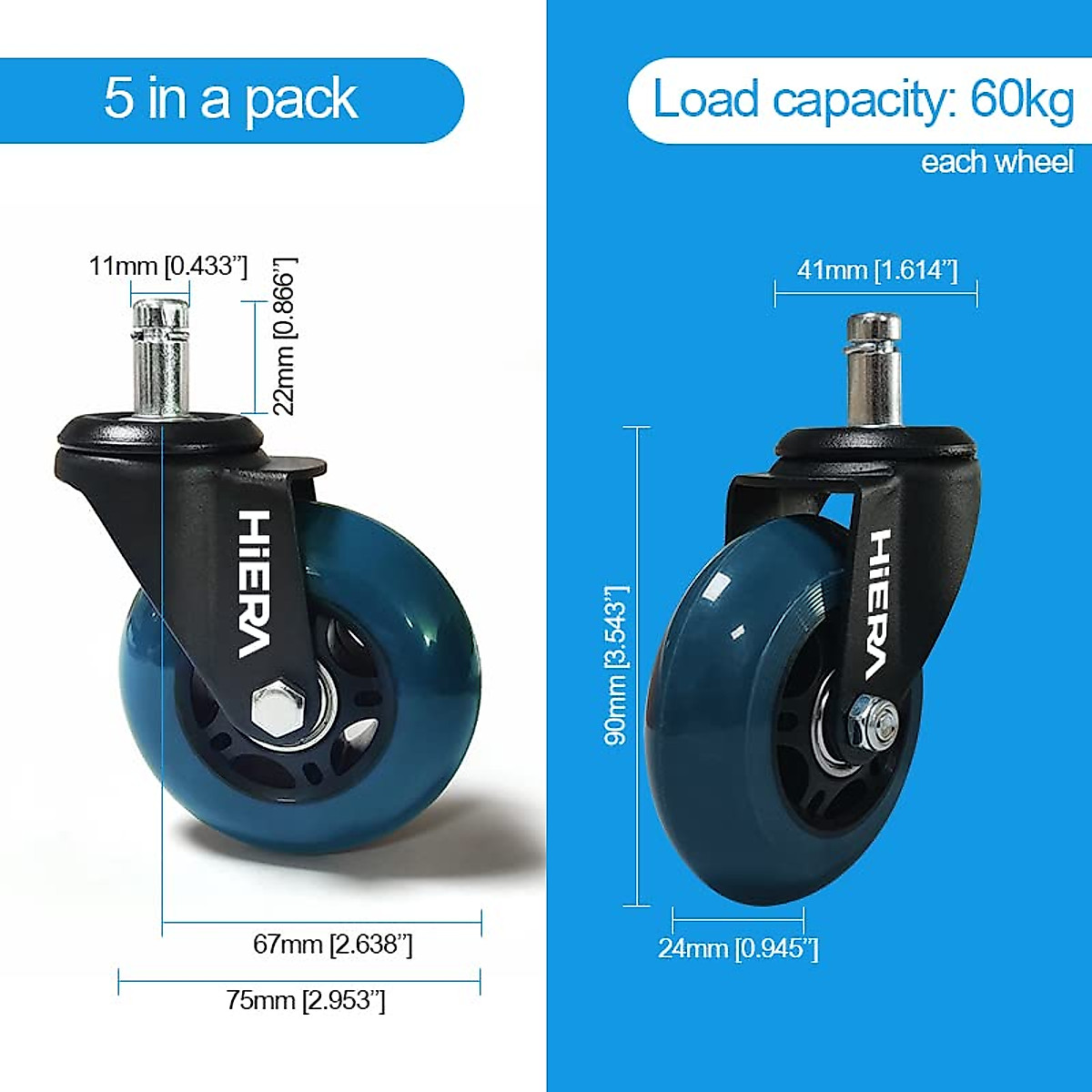 Hiera Office Chair Caster Wheels Gifts Set of 5 - Protect All Your Floors - 3'' Heavy Duty Replacement Desk Chair Casters M11*22 Stem - Best Protection for Your Floors (Blue)