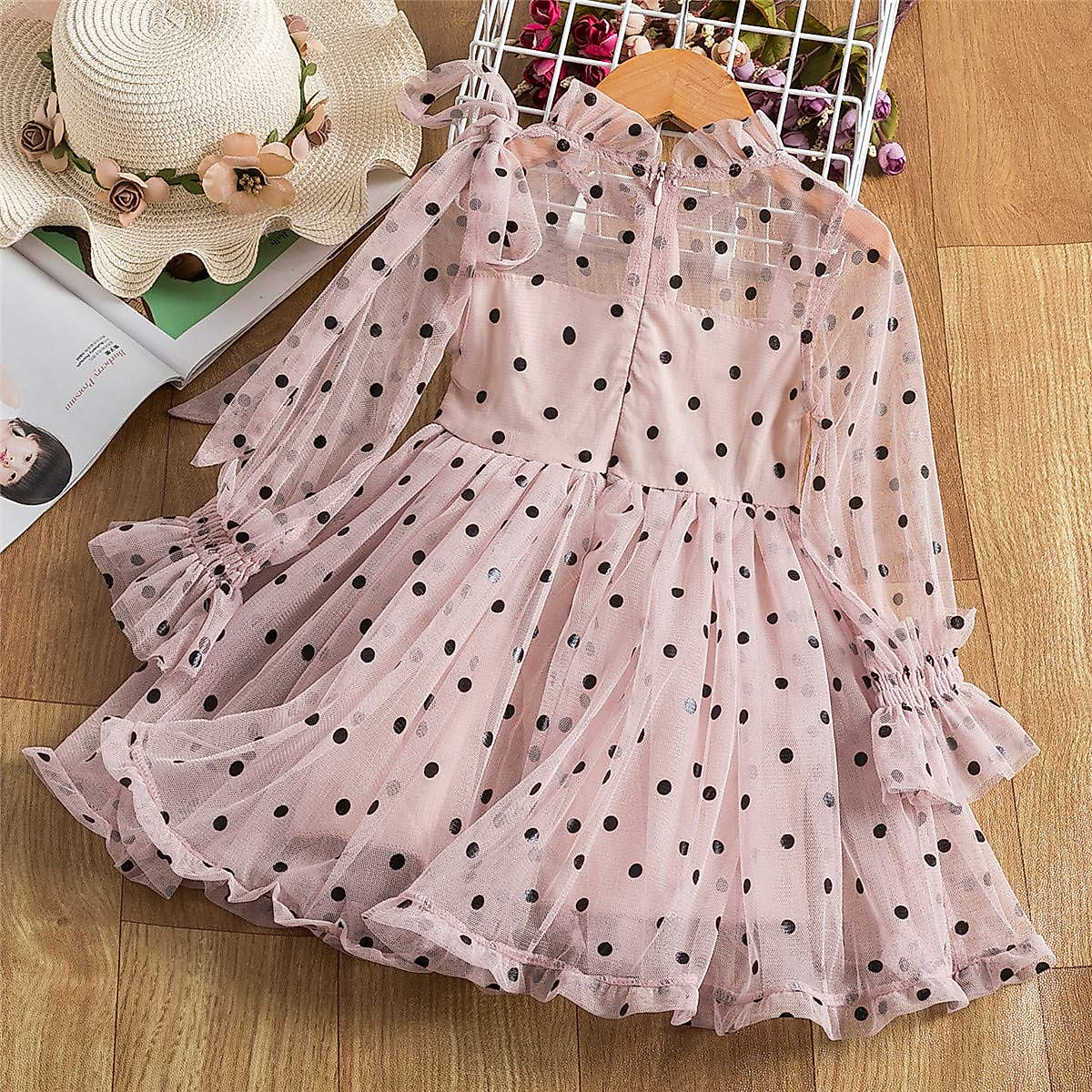 TTYAOVO Princess Girl Lace Dress Casual Flower Girls Baby Polka Dots #226_A Pink 6-7 Years