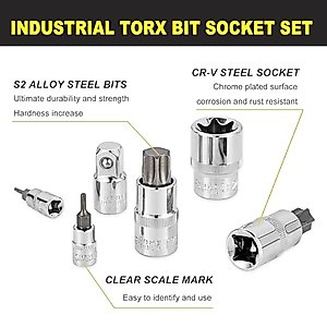 ARUCMIN 64-Piece External Torx Bit Socket Set, 1/4, 3/8, 1/2-inch Drive Master Hex and Star Bit Set, S2 and CR-V Steel (E4-E24, T6-T70, TT6-TT70, TP8-TP60)
