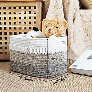 AROPEME Storage Basket for Shelves, 15"x10"x9" Woven Basket with Handles for Organizing, Cotton Rope Basket for Storage, Baby Nursery Toy Bin, Medium Rectangle Blanket Basket, Brown